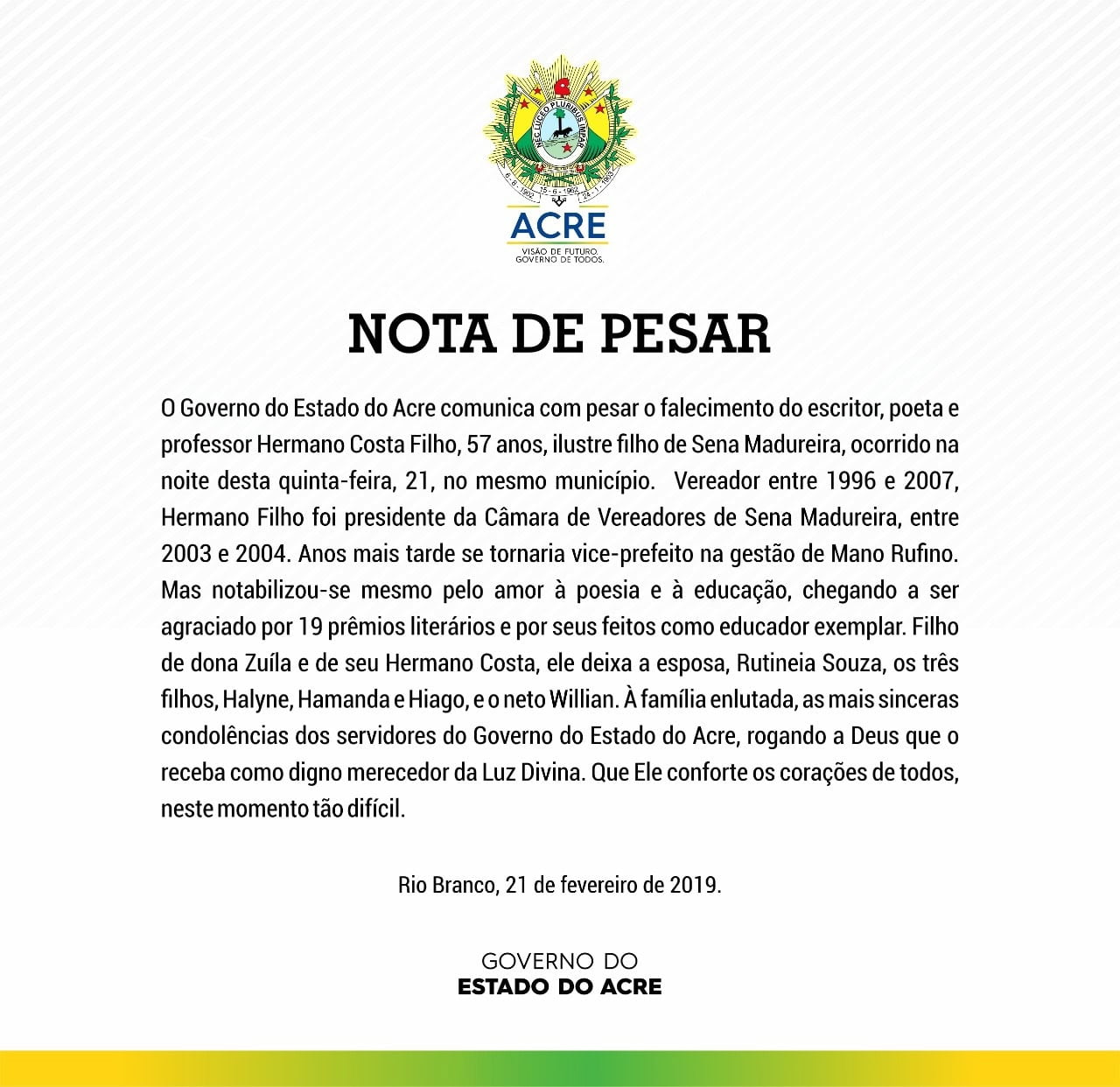 Nota de pesar - professor Hermano Filho Nota de pesar - professor Hermano Filho